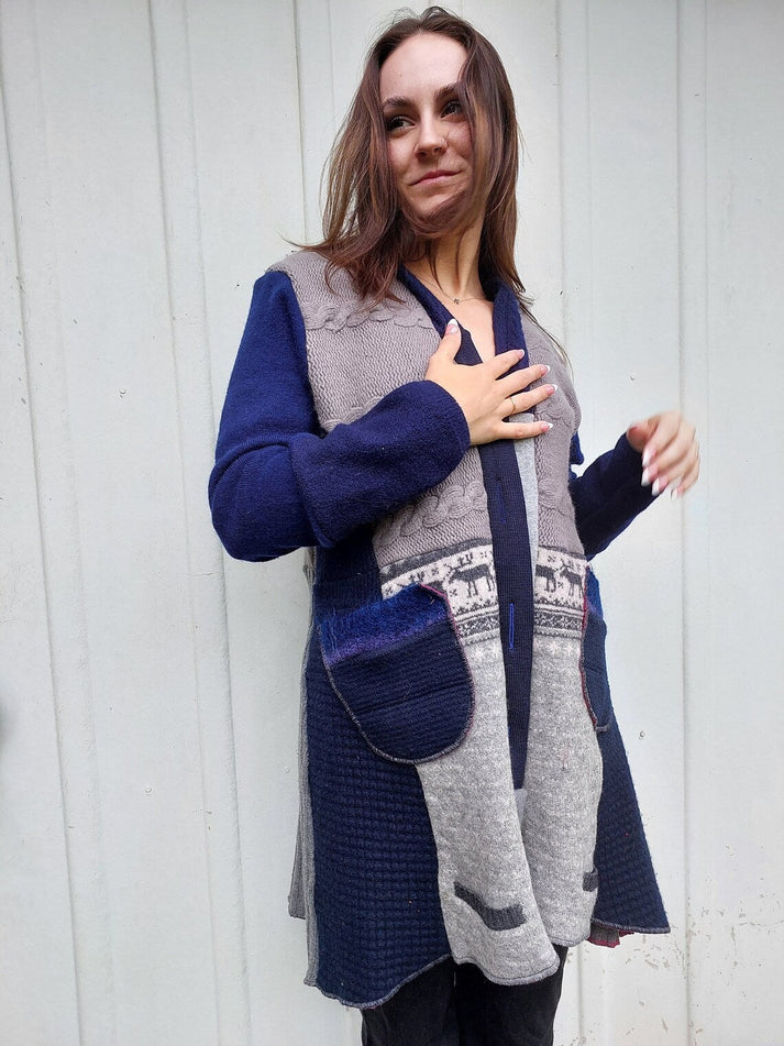 Handmade Navy and Grey Wool Coat Patchwork Cardigan Boho – Heke design